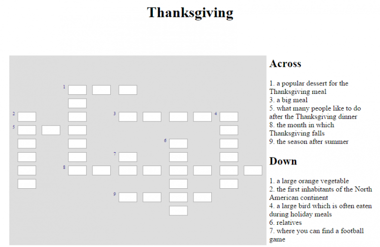Thanksgiving Crossword Puzzle - Best Coloring Pages For Kids