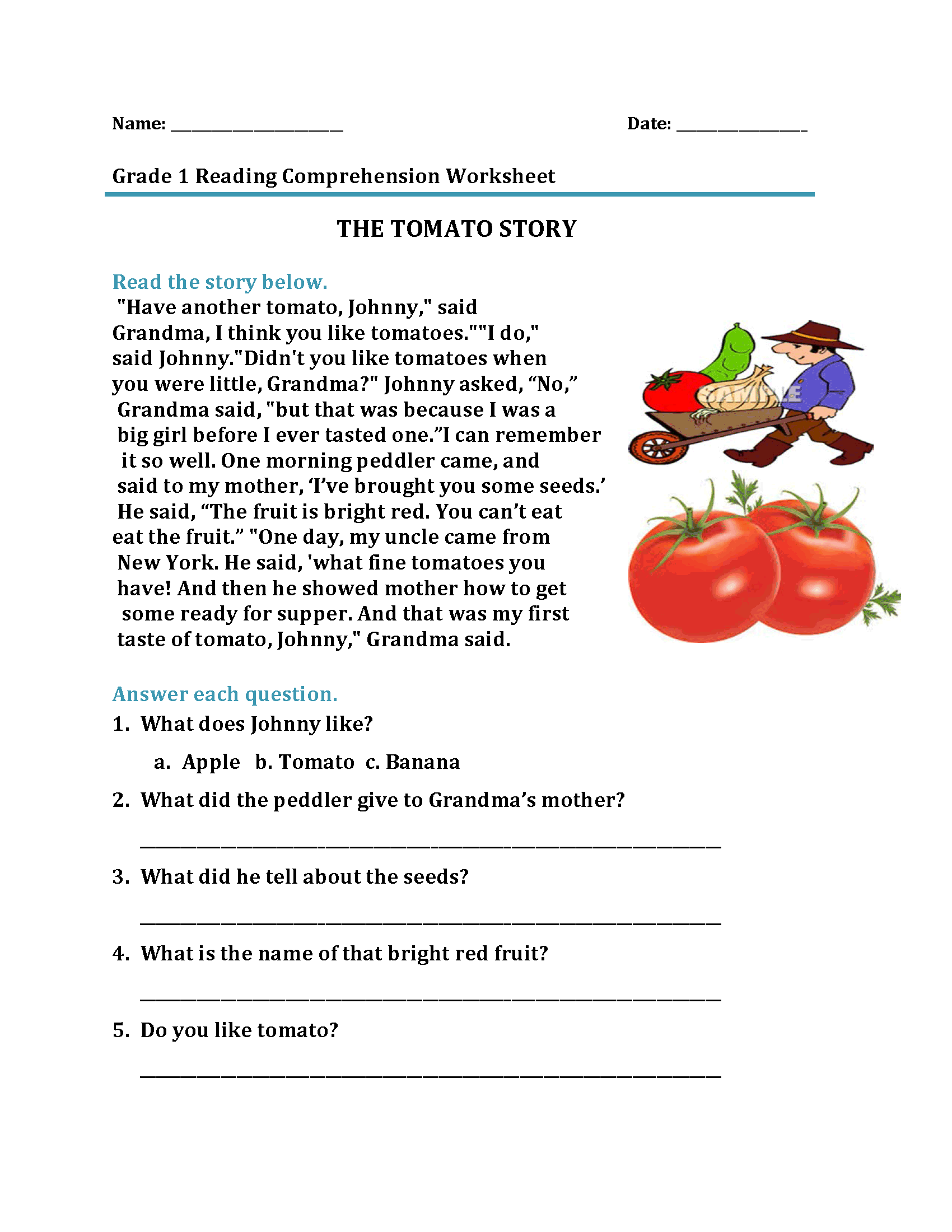 English Worksheets For 1st Graders